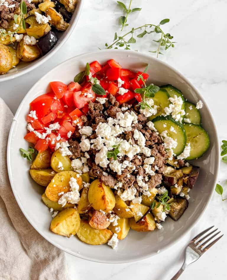 Greek Bowl with Ground Beef and Potatoes - Perchance to Cook